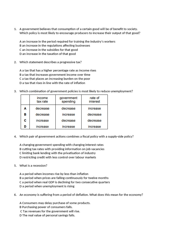 MCQ Unit 4 (1) | PDF | Taxes | Recession
