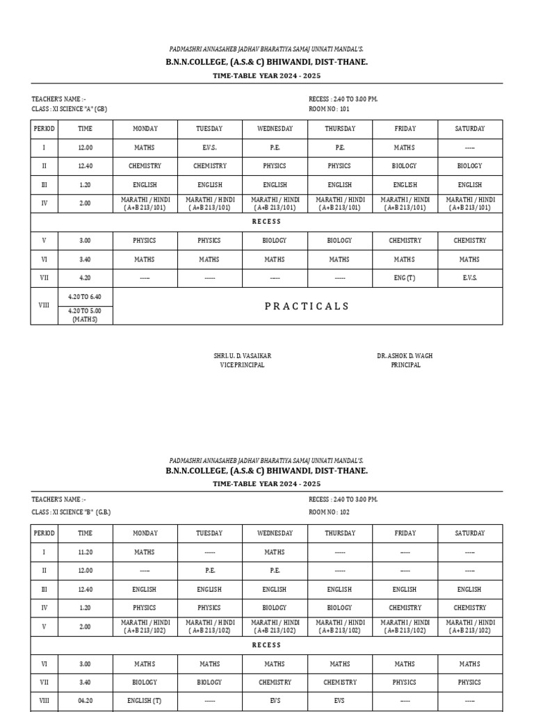 11 Science Time - Table 2024-25 | PDF