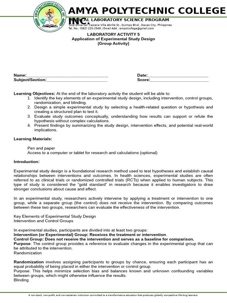 LAB ACTIVITY 5 APPLICATION of EXPERIMENTAL STUDY DESIGN | PDF | Experiment | Randomized ...