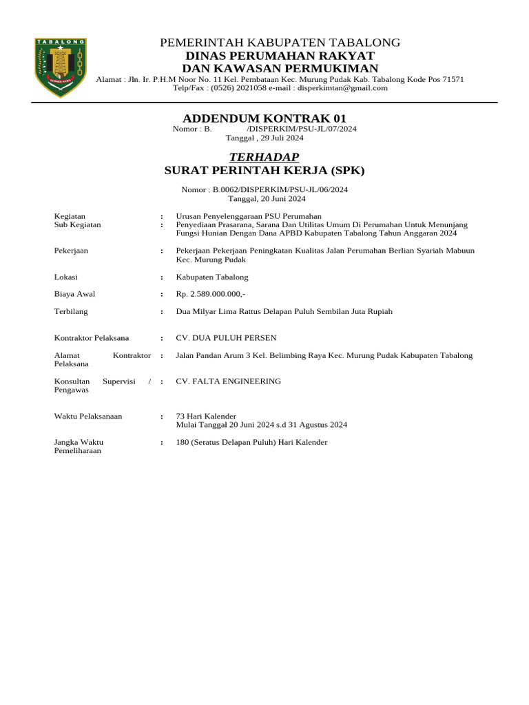 Addendum Kontrak Jalan Pandan Arum | PDF | Teknologi & Rekayasa