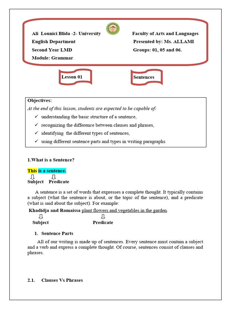 Grammar Lesson One Sentence Types | PDF | Sentence (Linguistics) | Clause