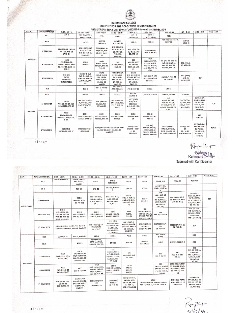 Updated Class Routine Arts 2024-25 | PDF