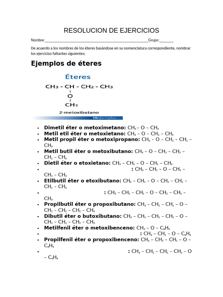 Ejercicios de Eteres | PDF | Ciencia y matemáticas | Tecnología