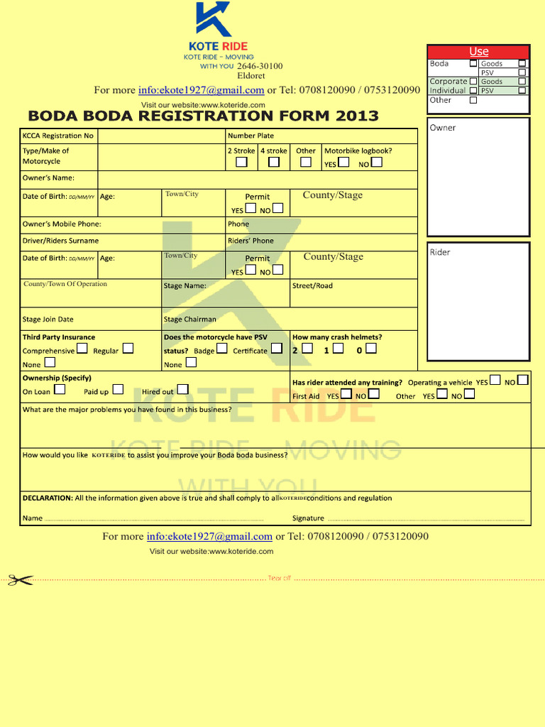 Kote Ride Boda Boda Registration Form | PDF
