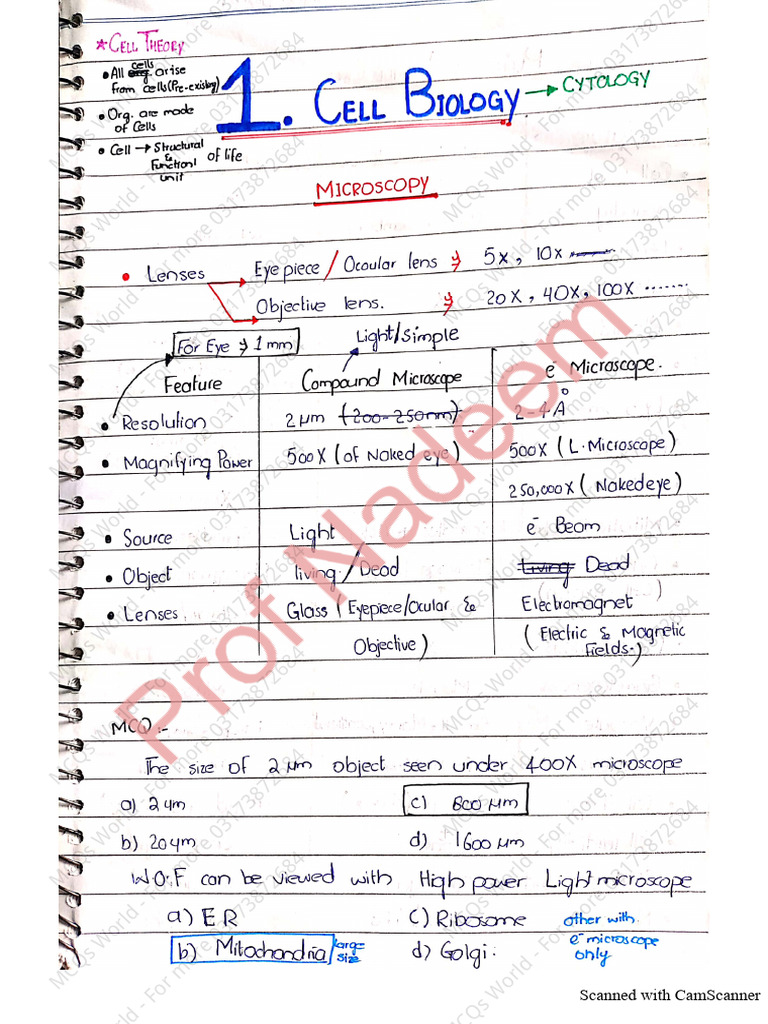 Cell Structure and Function Notes - MCQs World | PDF