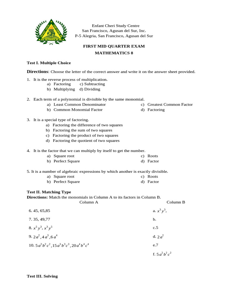 CHECKED 1st Mid Exam in Math 8 | PDF | Factorization | Length
