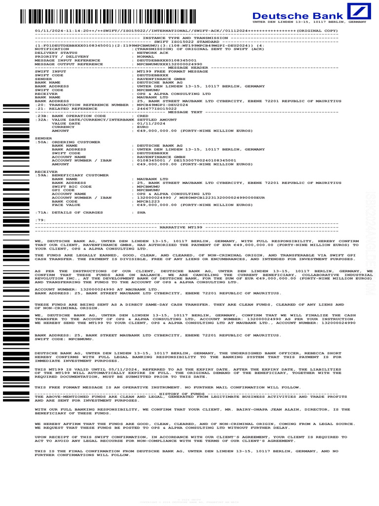 MT199 Free Format Message | PDF | Banks | Banking