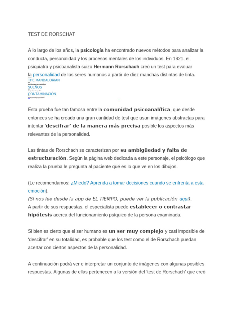 Interpretación del Test de Rorschach | PDF | Sicología | Conceptos ...