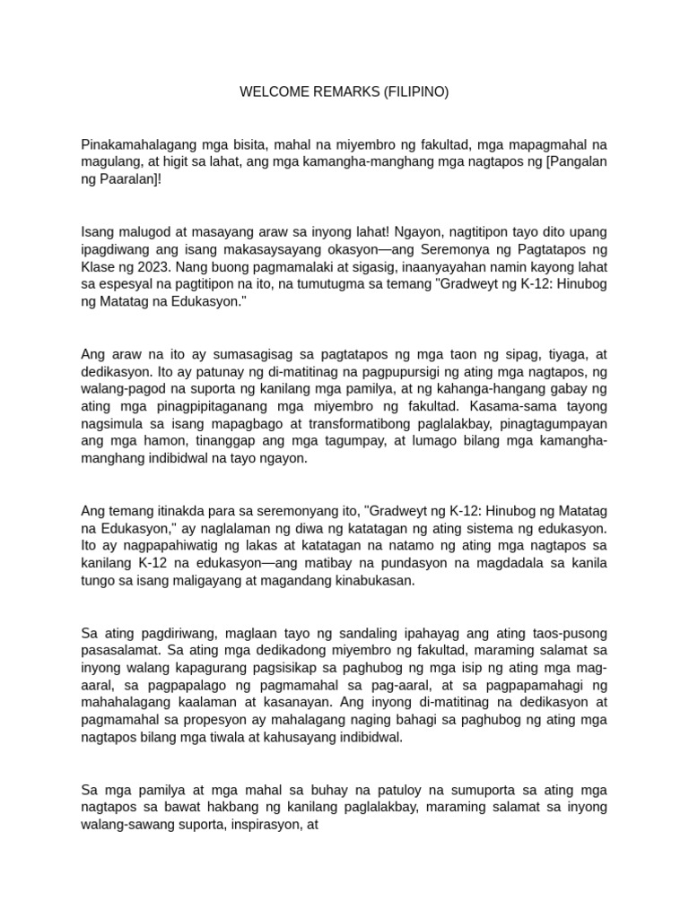 Welcome Remarks Filipino | PDF