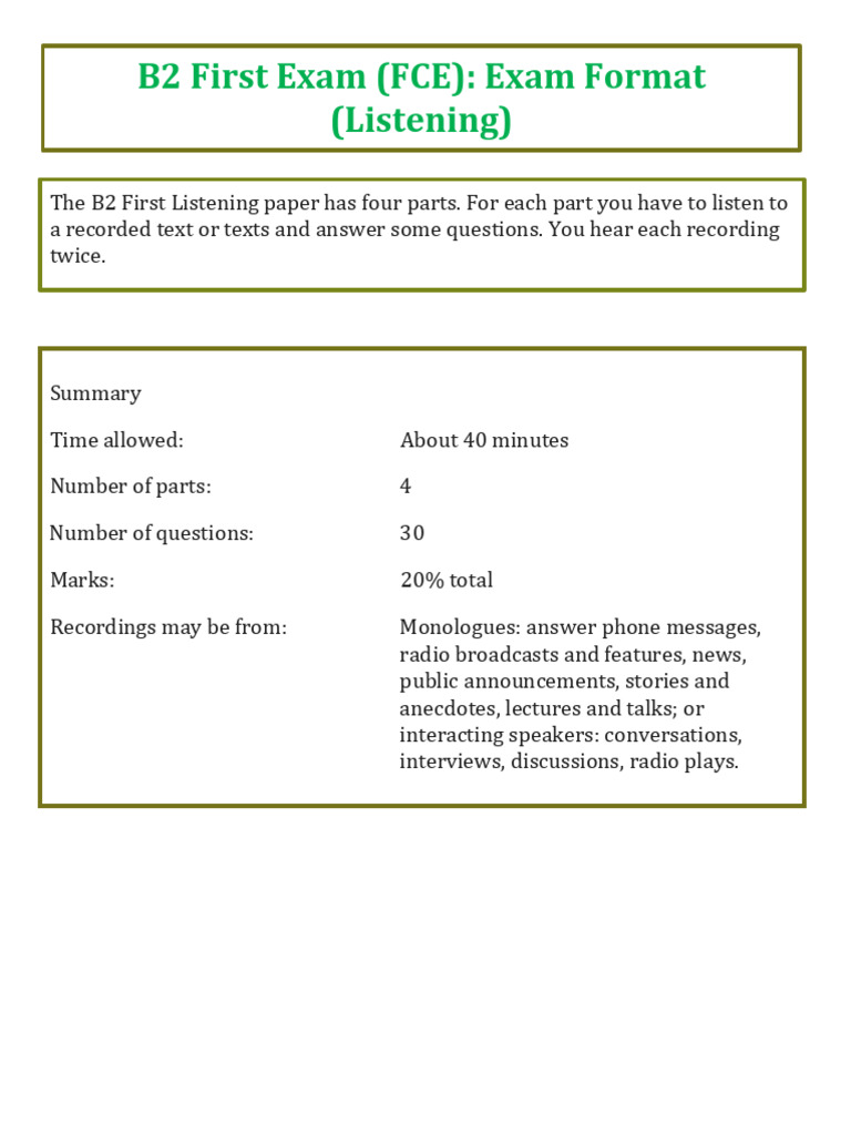B2 First Listening Exam Guide | PDF | Multiple Choice | Conversation