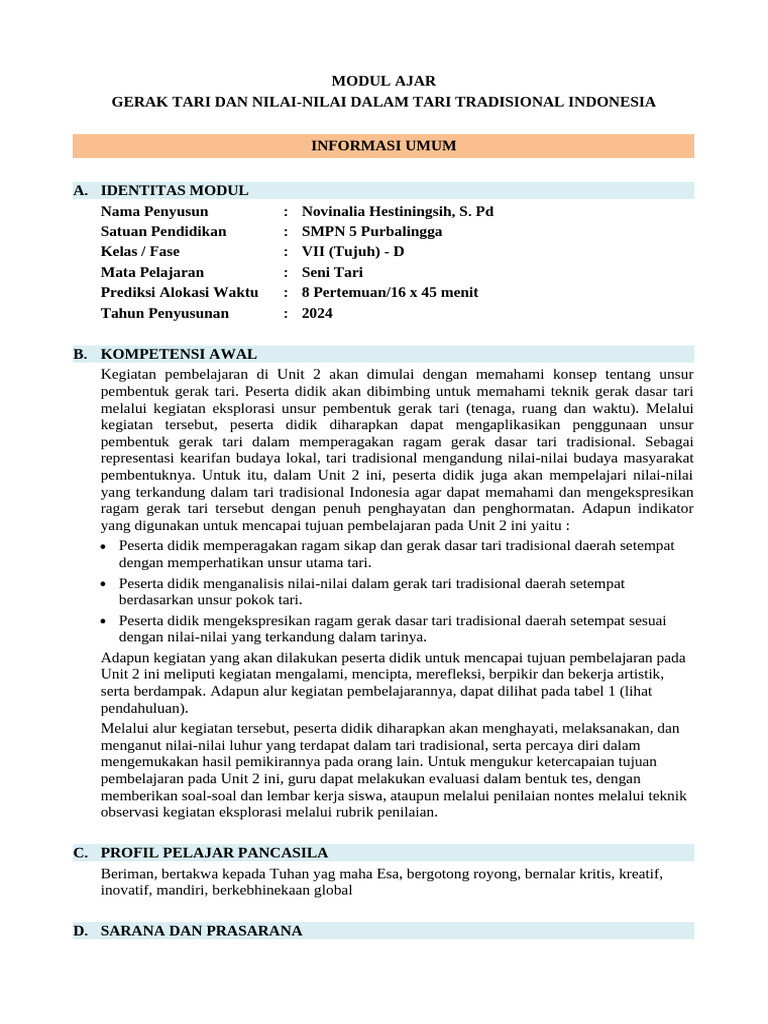 Modul Ajar 7 Seni Tari - Unit 2 | PDF