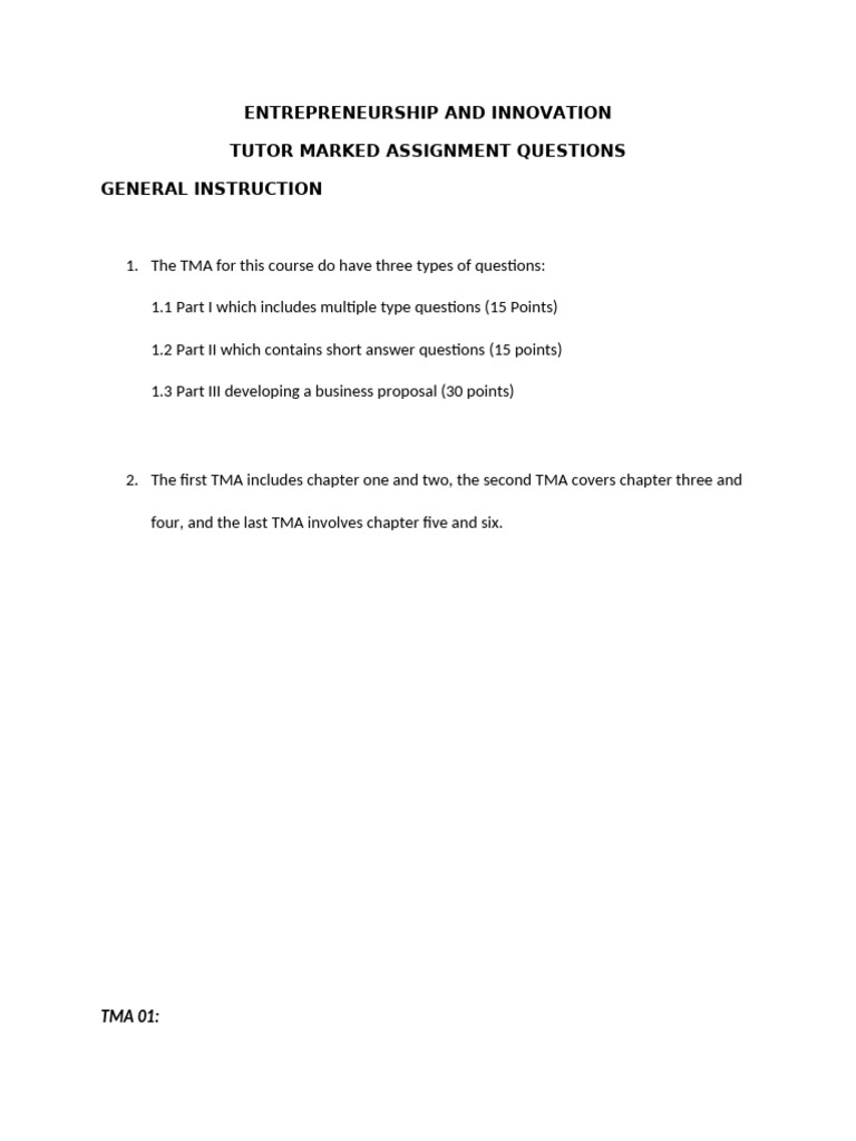 Entrepreneurship and Innovation Tutor Marked Assignment Questions ...