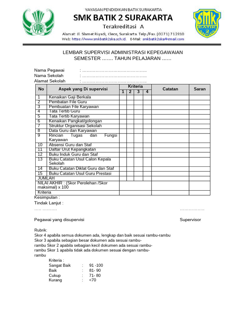 Instrumen Supervisi Tendik | PDF