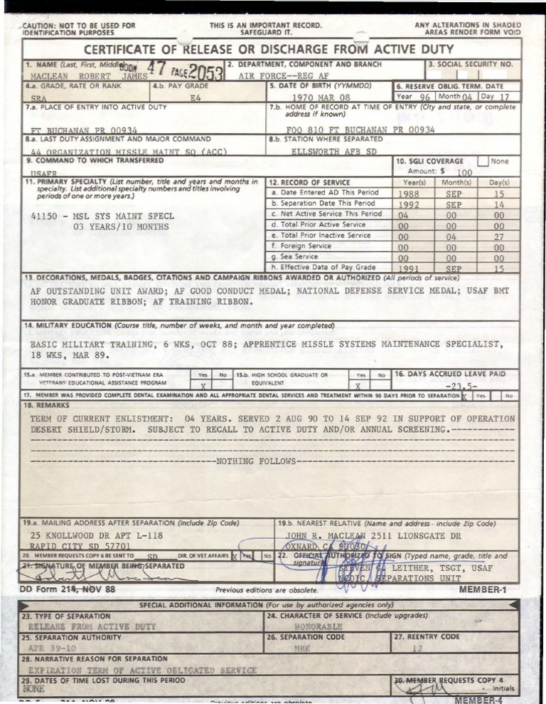 TSA Federal Air Marshal Robert MacLean Military Discharge DD Form 214 ...