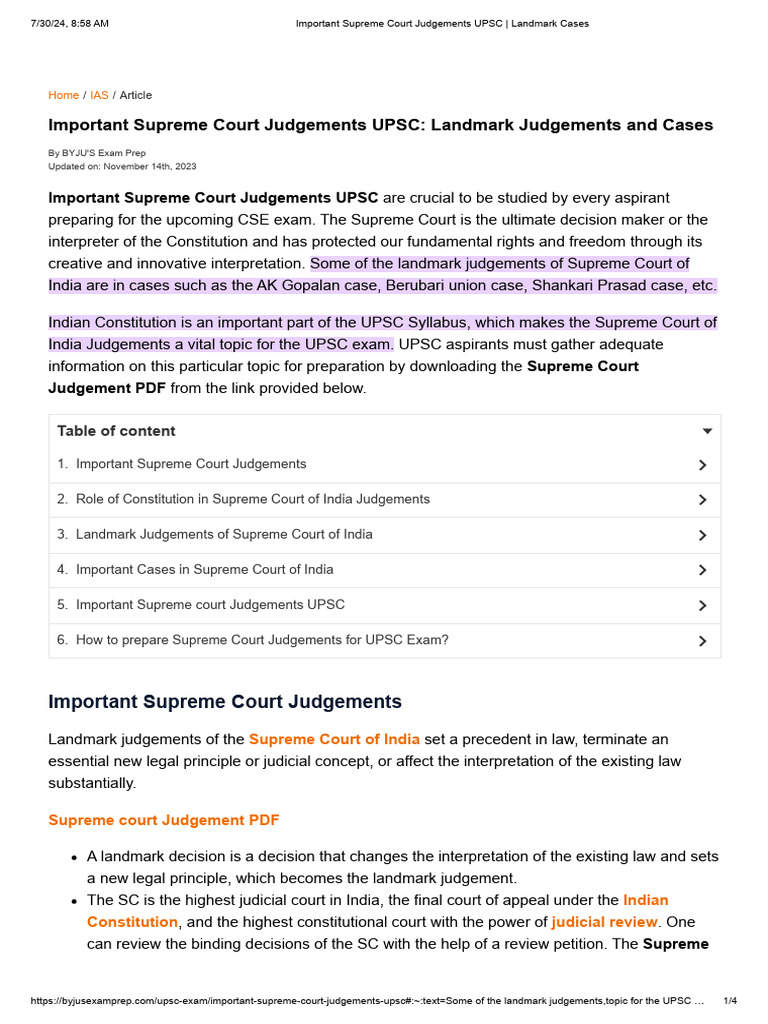 Important Supreme Court Judgements UPSC - Landmark Cases | PDF ...