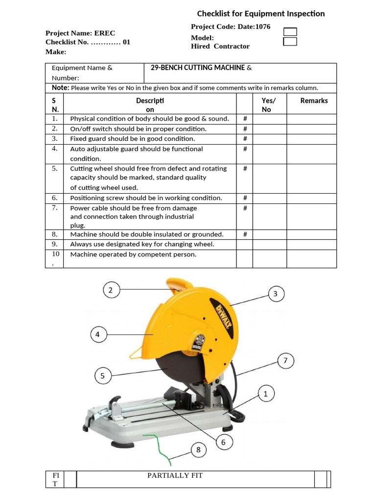 Checklist For Equipment Inspection Bench Cutting Machine | PDF