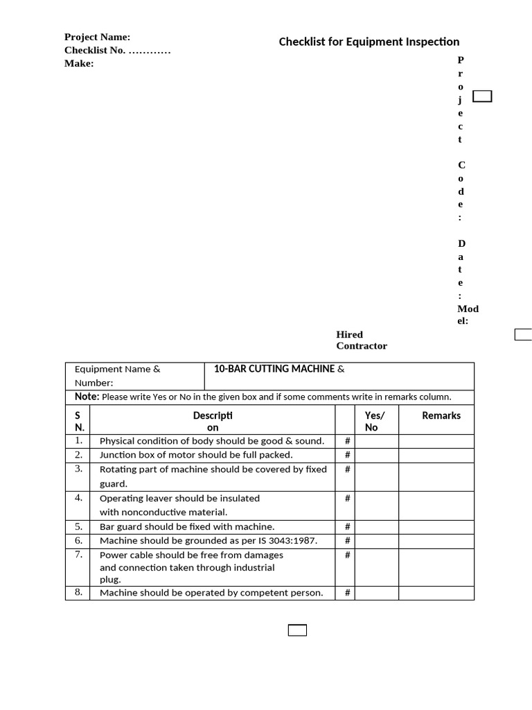Checklist for Equipment Inspection Bar Cutting Machine | PDF ...