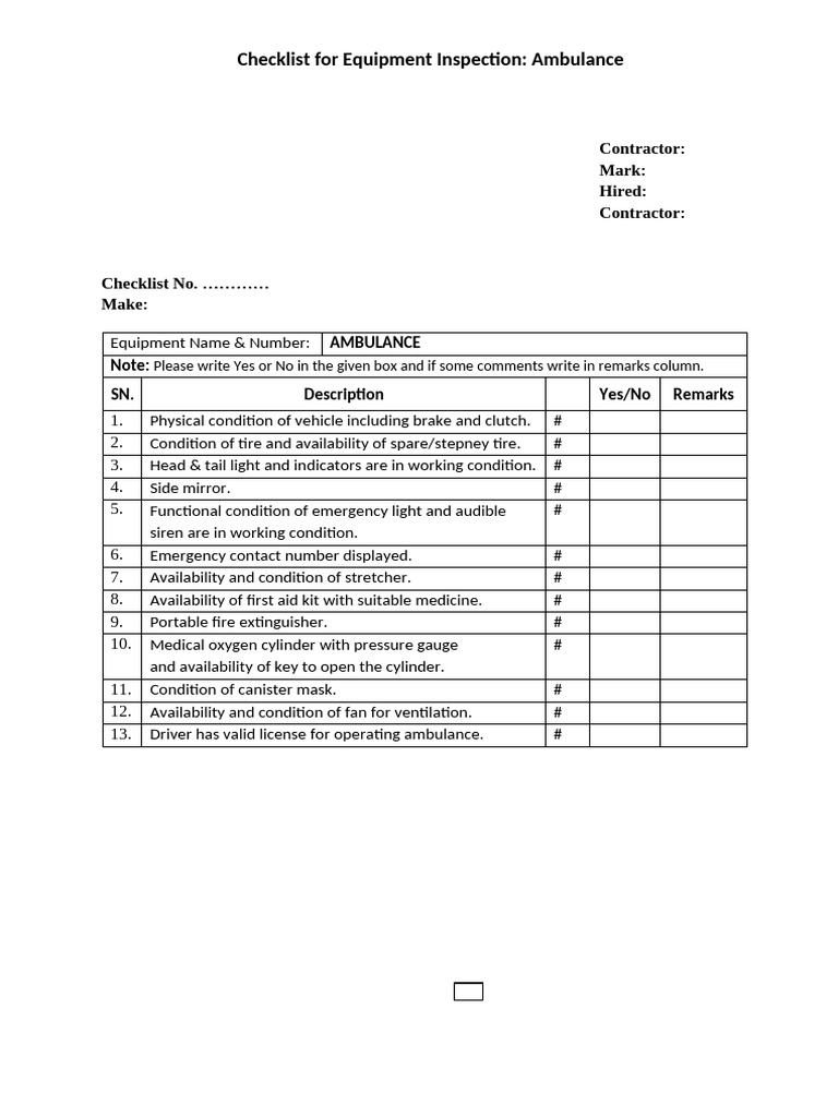 Checklist For Equipment Inspection Ambulance (Repaired) | PDF ...