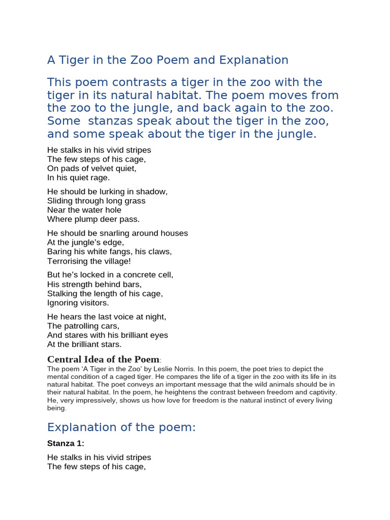 A Tiger in The Zoo Poem and Explanation | PDF | Rhyme | Zoo