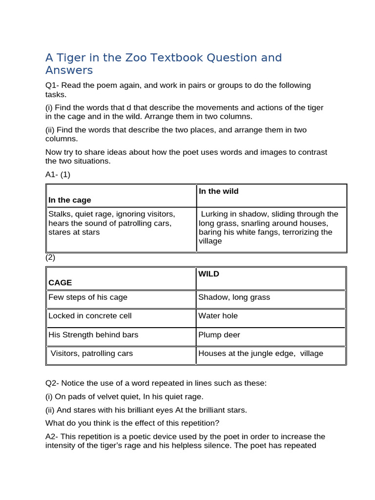 Class 10 Q&A: A Tiger in the Zoo | PDF | Tiger | Wildlife