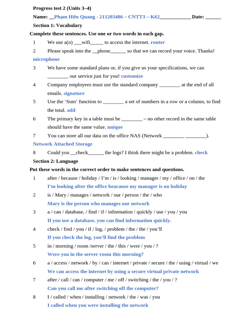 progress test 2 (U 3&4) | PDF | Computer Network | Internet