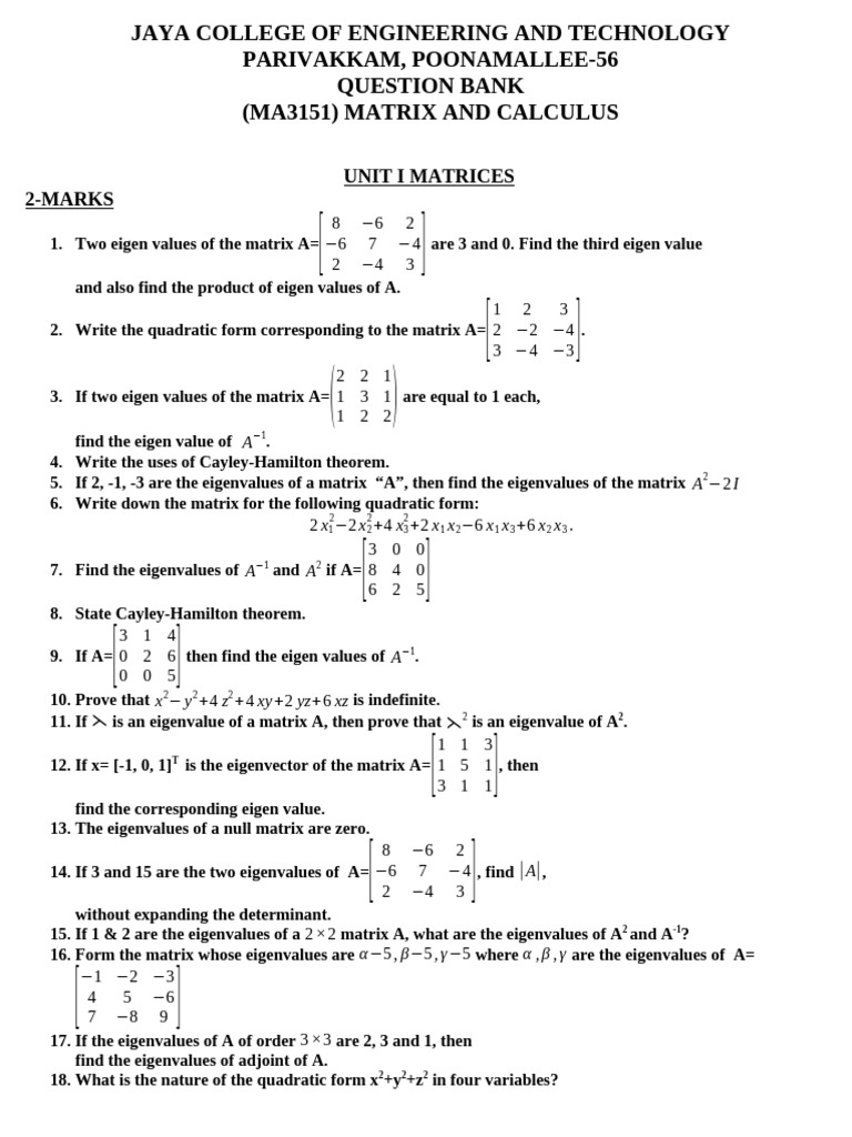 Ma3151 Matrix and Calculus Question Bank | PDF | Eigenvalues And Eigenvectors | Matrix (Mathematics)