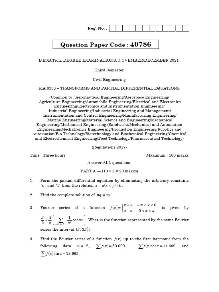 Transforms and Partial Differential Equations - MA8353 2017 Regulation - Question Paper 2021 Nov ...