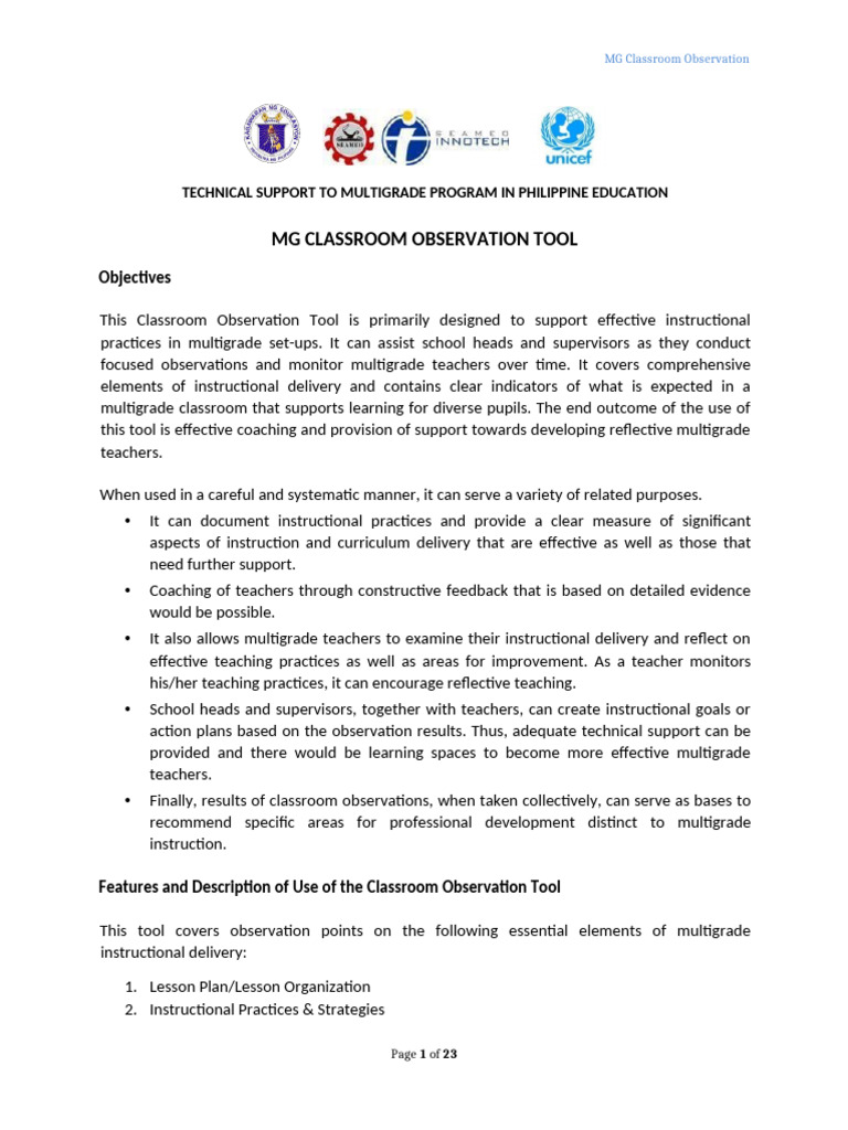 MG Classroom Observation Tool | PDF | Teachers | Lesson Plan