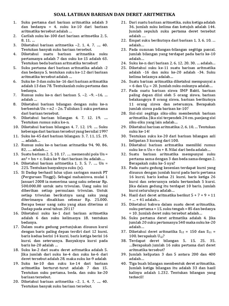 Soal Latihan Barisan Dan Deret Aritmetika | PDF