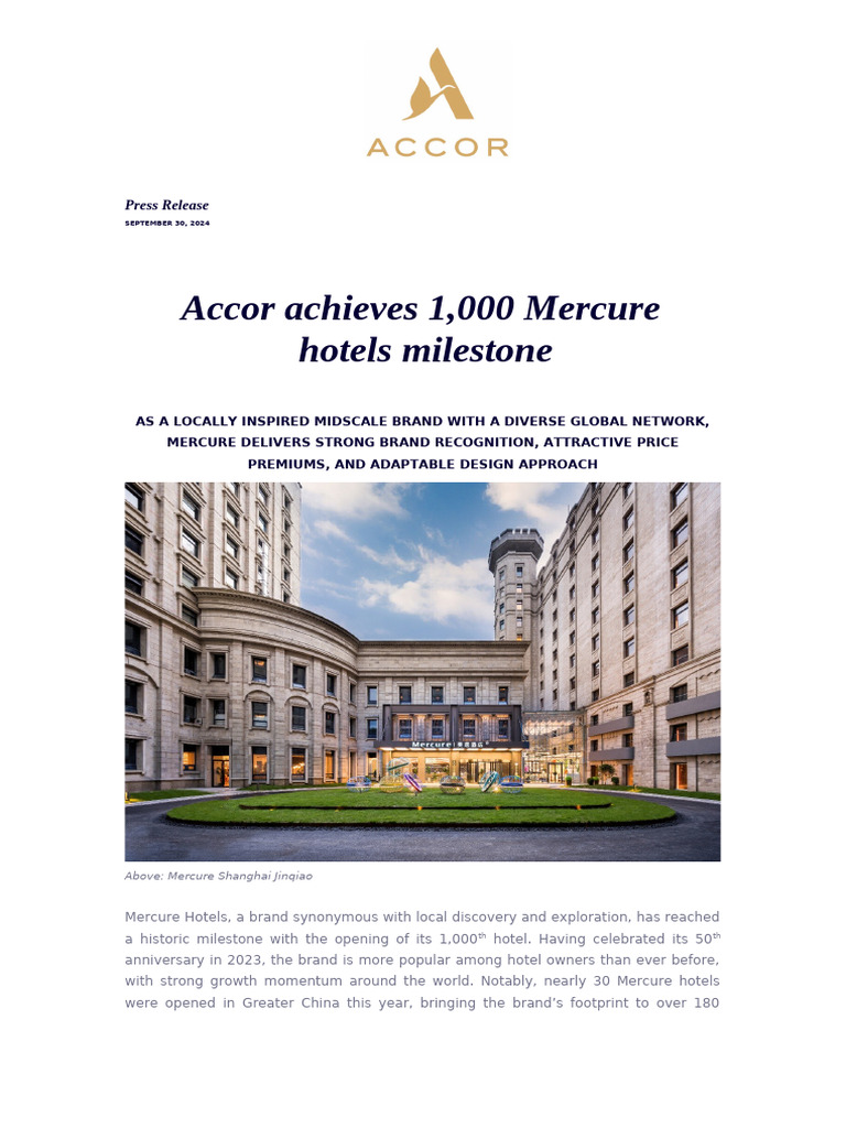PRESS RELEASE - Accor Mercure Celebrates 1000 Hotels - EN | PDF | Hotel ...
