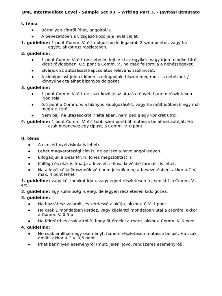 03 BME Intermediate Level - Writing Part 3. - Javítási Útmutató | PDF