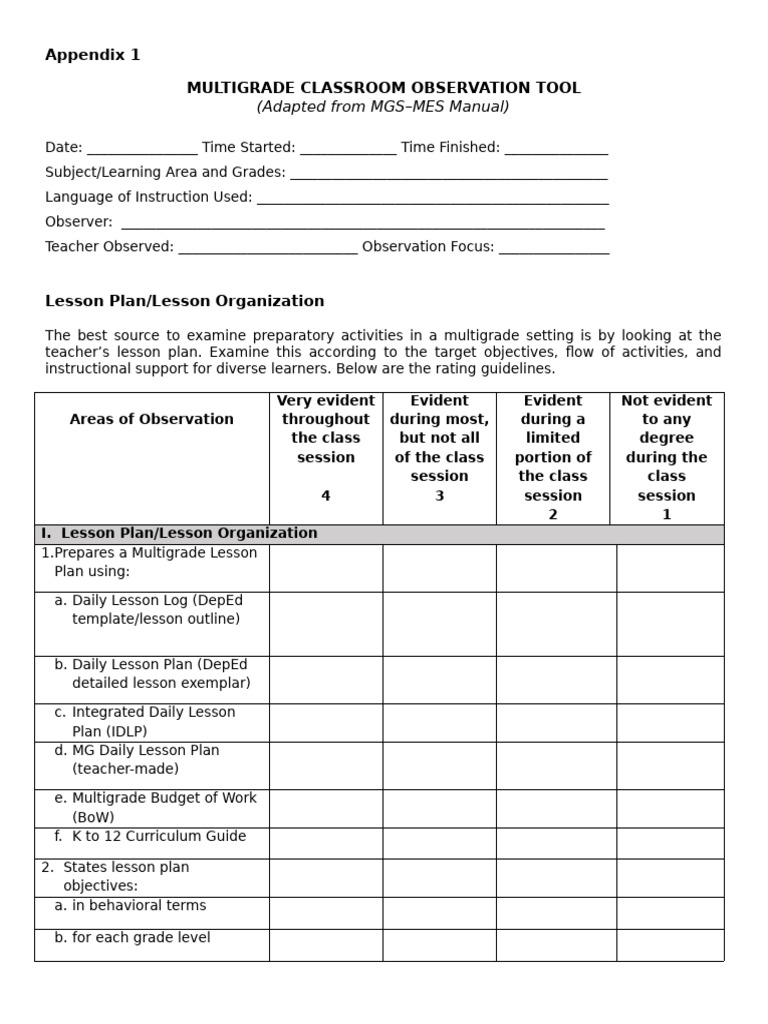 CLASSROOM OBSERVATION TOOL Short For MG With Giya | PDF | Educational ...