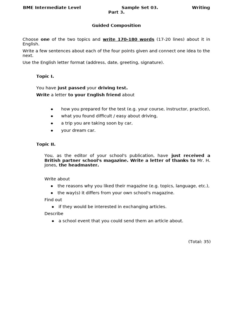 03 BME Intermediate Level - Writing Part 3. - Driving Test | PDF