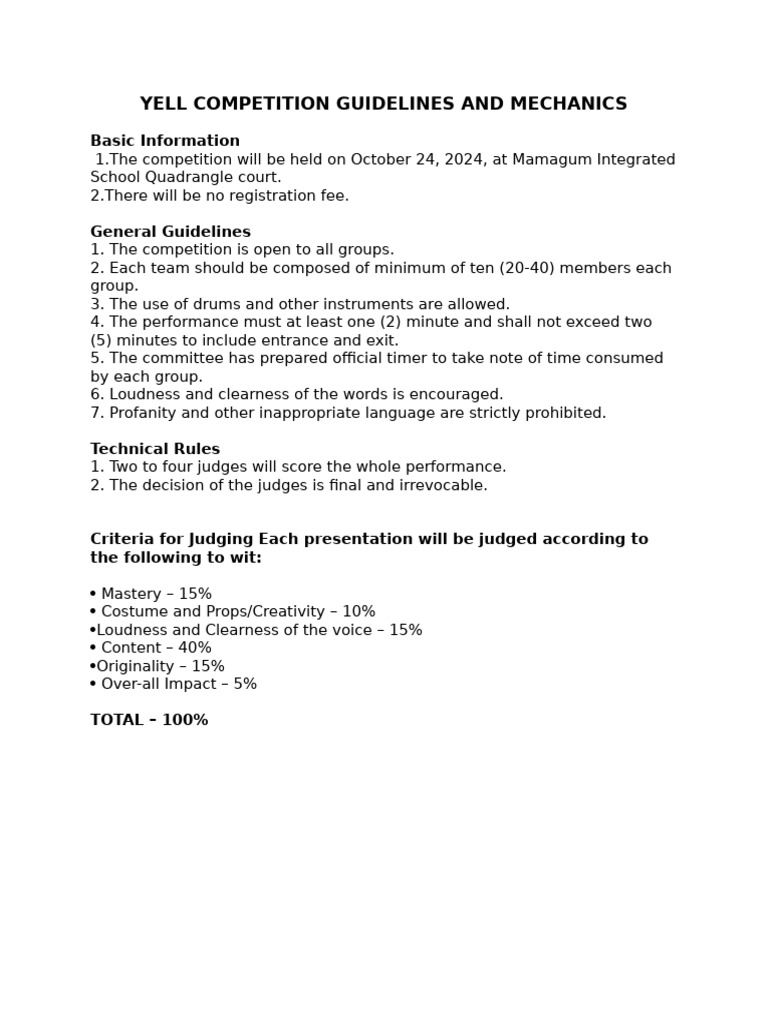 Yell Competition Guidelines and Mechanics | PDF