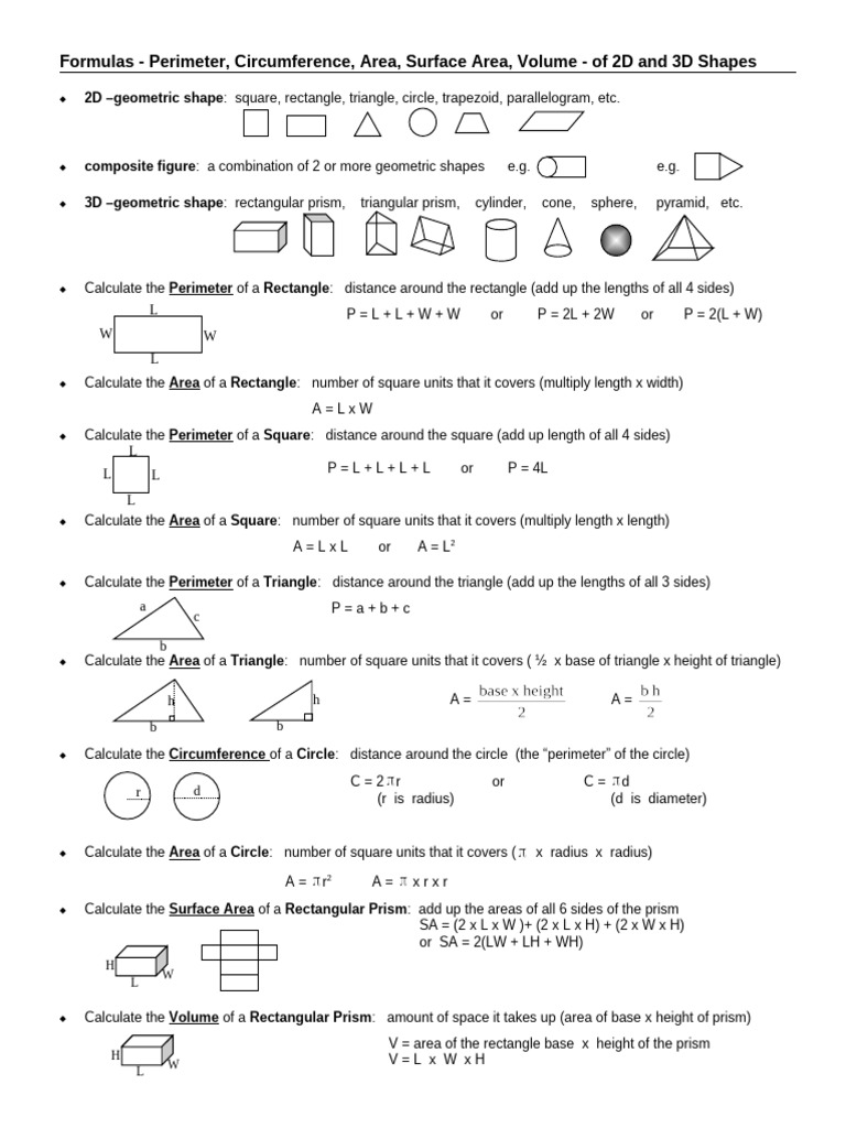 2D & 3D Shape Formulas Guide | PDF | Area | Elementary Geometry