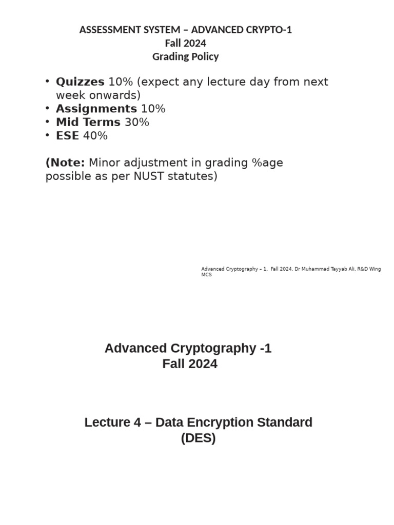 Lec 4 Data Encryption Standard 9oct24 | PDF | Cryptography | Cipher