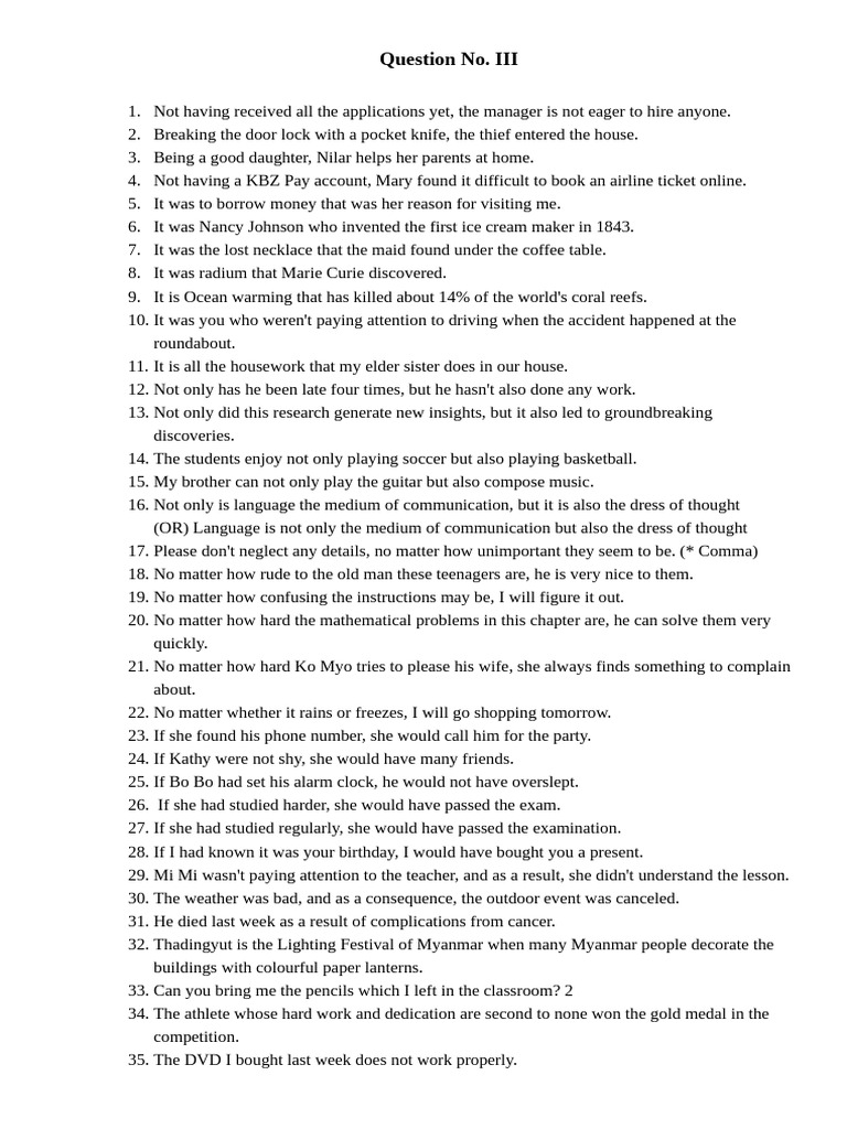 No - III Answer English (Myanmar Exam) | PDF