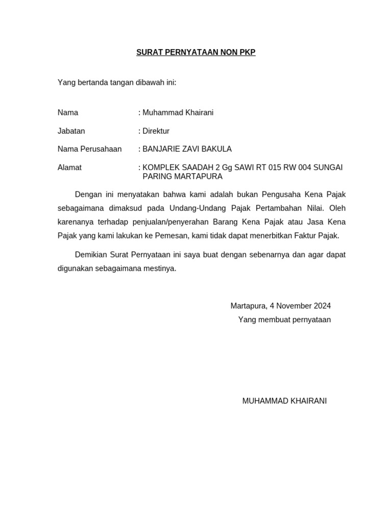 Surat Pernyataan Non PKP | PDF