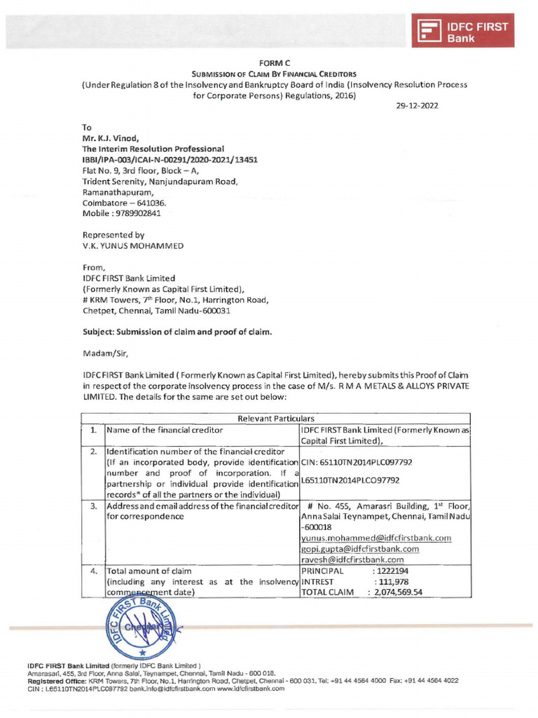 IDFC FIRST Bank Claim Submission Document | PDF | Bankruptcy | Tribunal