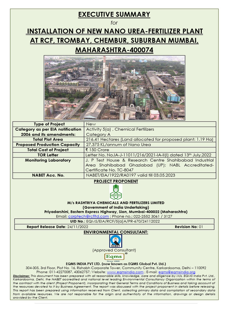 English Executive Summary - RCF Nano Urea Project | PDF | Fertilizer ...