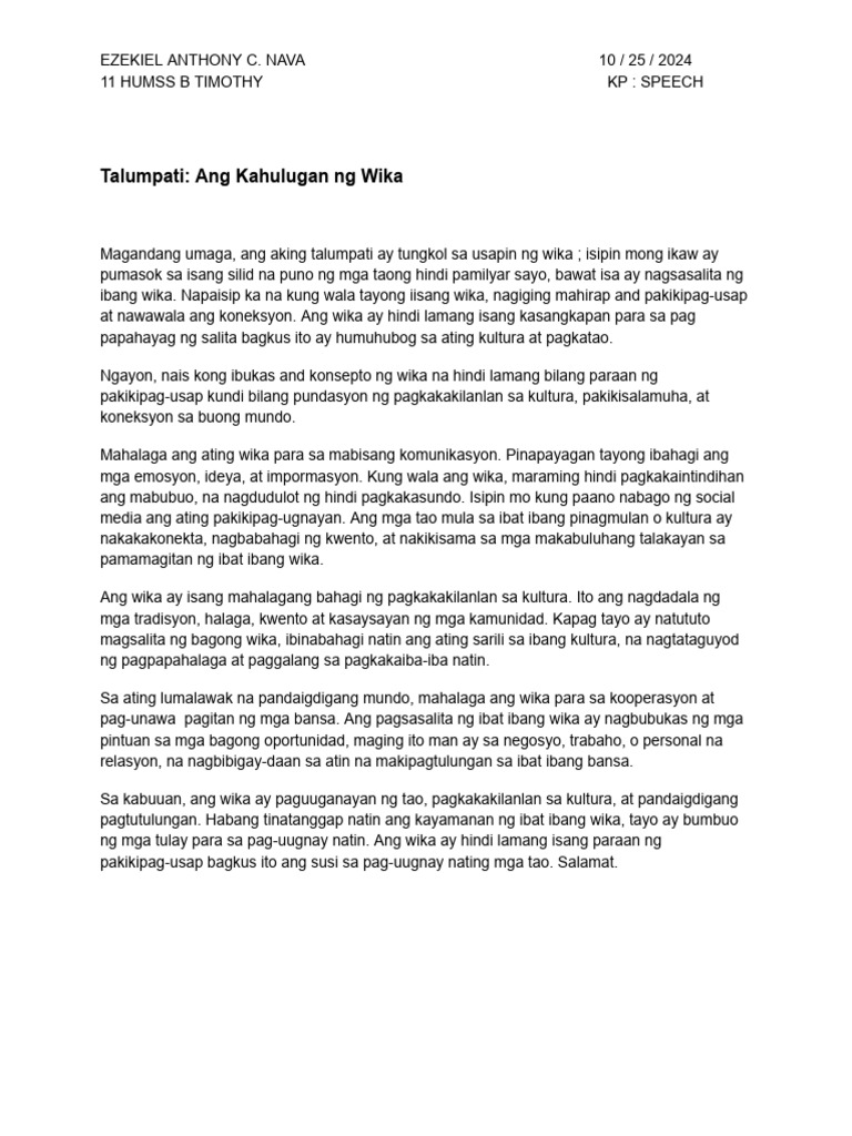 Talumpati - Ang Kahulugan NG Wika by Nava | PDF