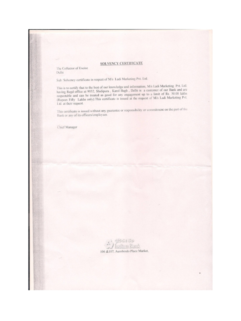 Bank - Solvency Certificate | PDF