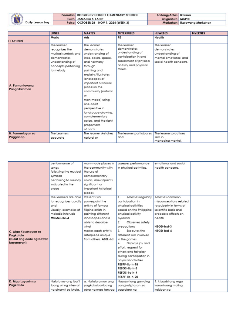 DLL Mapeh 5 W3-Q2 | PDF