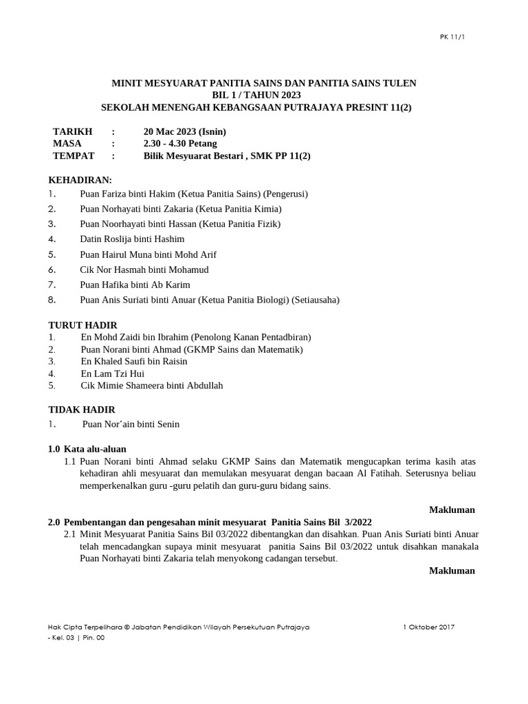 Minit Mesy Panitia Sains & Sains Tulen Bil 1 2023 | PDF