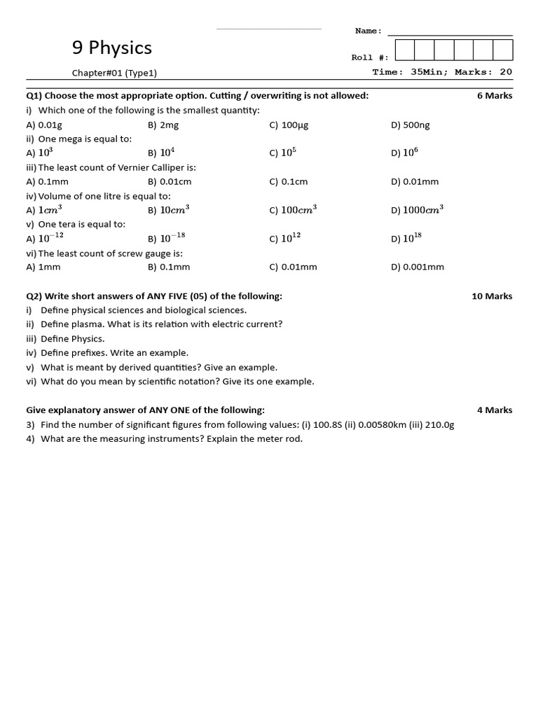 Physics Chapter Question Papers | PDF | Force | Acceleration