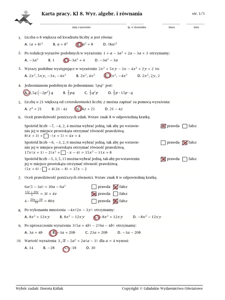 Klasa 8c, e - Karta Pracy - Wyrażenia Algebraiczne I Równania | PDF