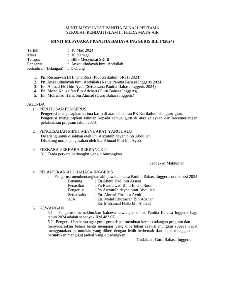 2024 Minit Mesyuarat BI 1 | PDF