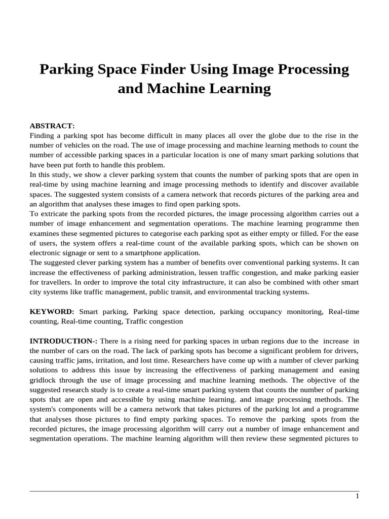 Parking Space Detection System Pdf Internet Of Things Computer Vision