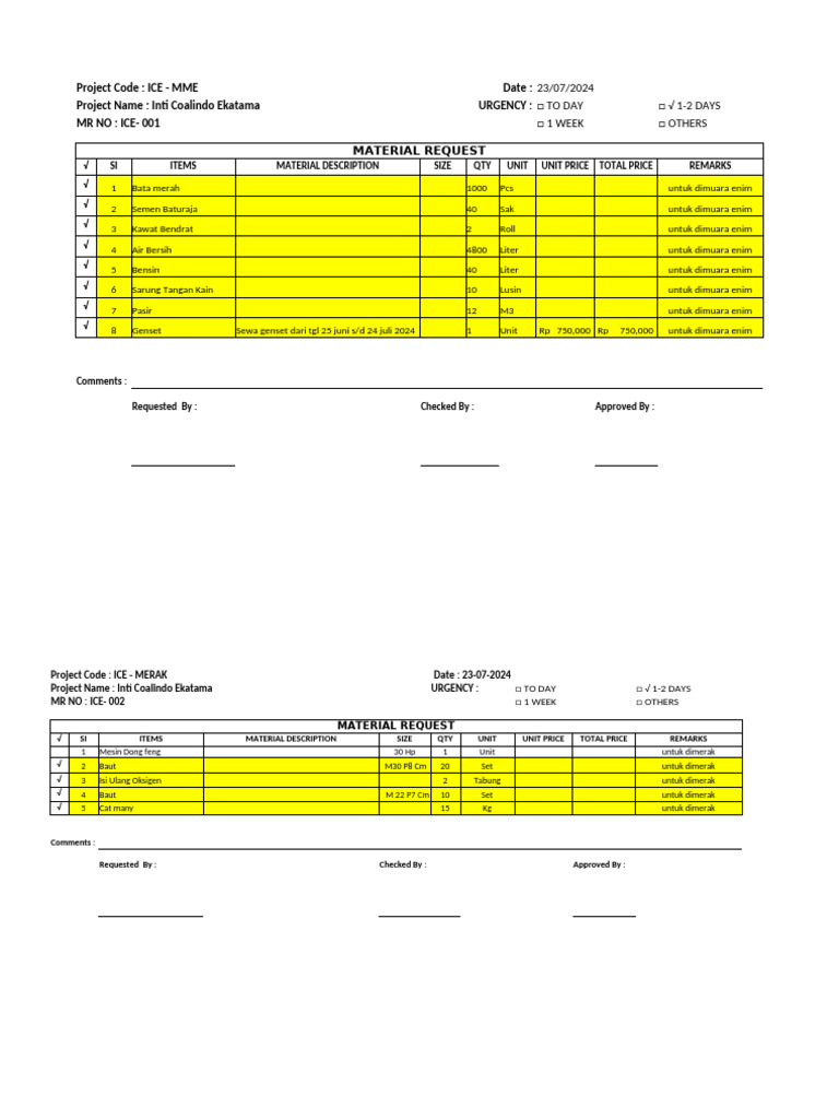 Form Material Request | PDF