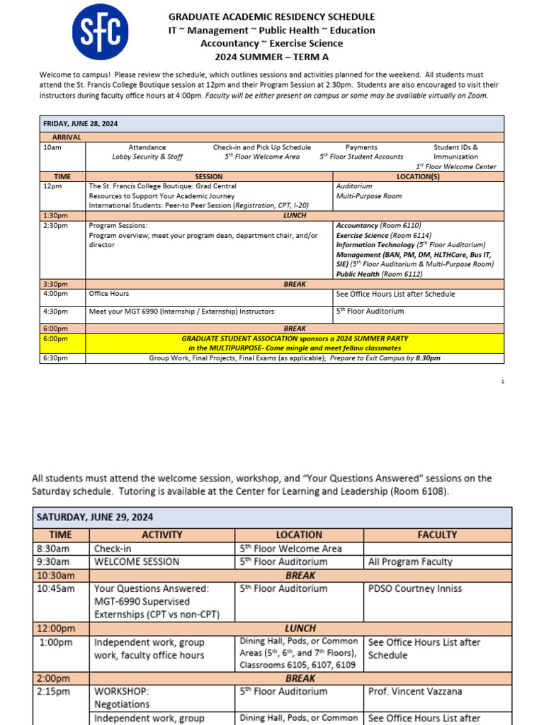 Summer 24 Graduate Academic Residency Schedule 062524 | PDF